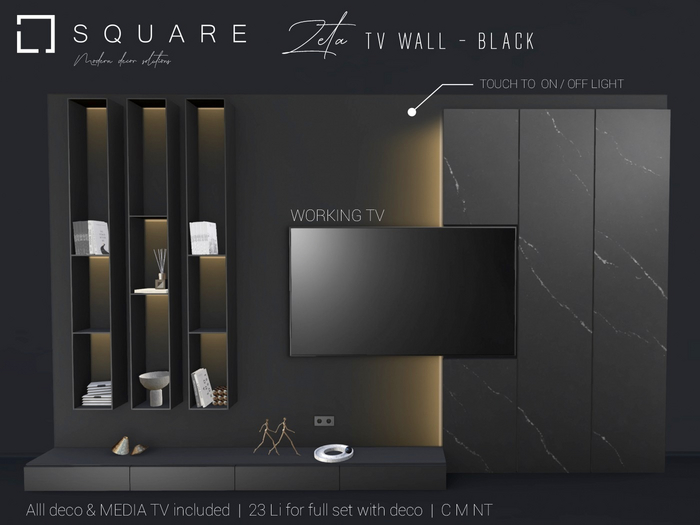 Second Life Marketplace - [ SQUARE ] - ZETA TV unit set : BLACK Marble